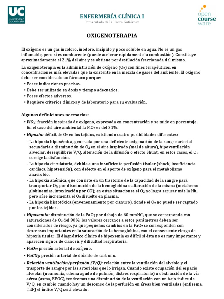 Apuntes de Oxigenoterapia | PDF | Hipoxia (médica) | Oxígeno