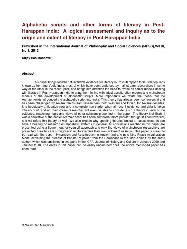 Sujay Post-Harappan Literacy and Origin of Brahmi | PDF | Writing ...