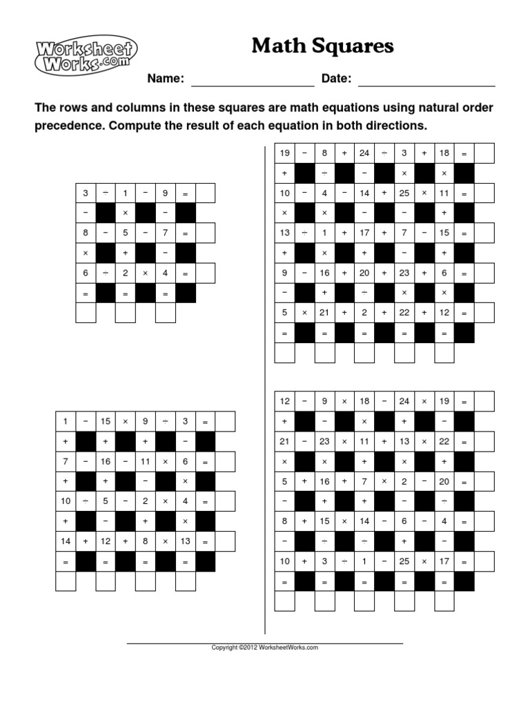 WorksheetWorks Math Squares 1 | Algebra | Linear Algebra