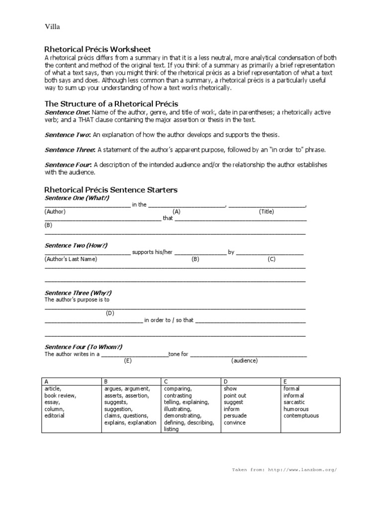 Rhetorical Precis Worksheet | PDF | Rhetoric | Sentence (Linguistics)