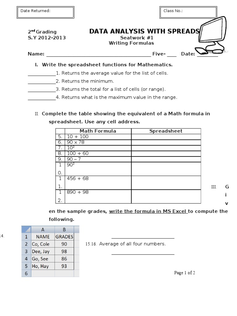 Spreadsheet Functions for Math Analysis | PDF | Career & Growth