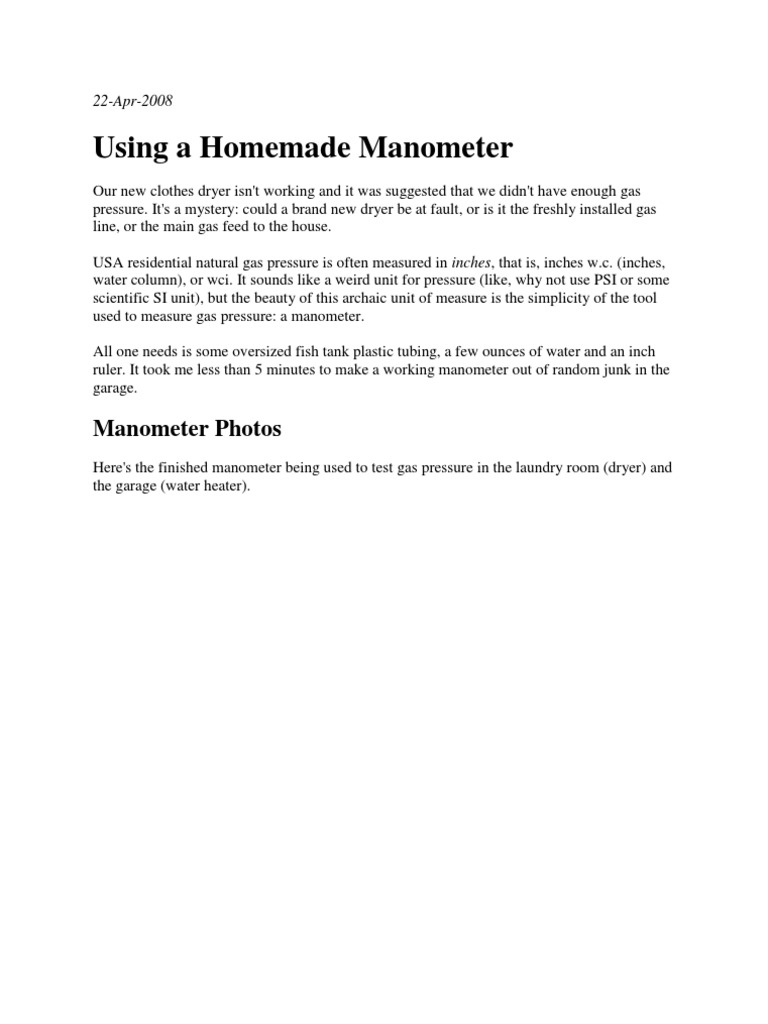 Homemade Manometer | PDF | Pressure Measurement | Pressure