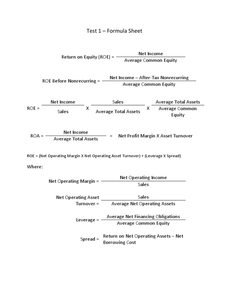Test 1 - Formula Sheet: ROE (Net Operating Margin X Net Operating Asset ...