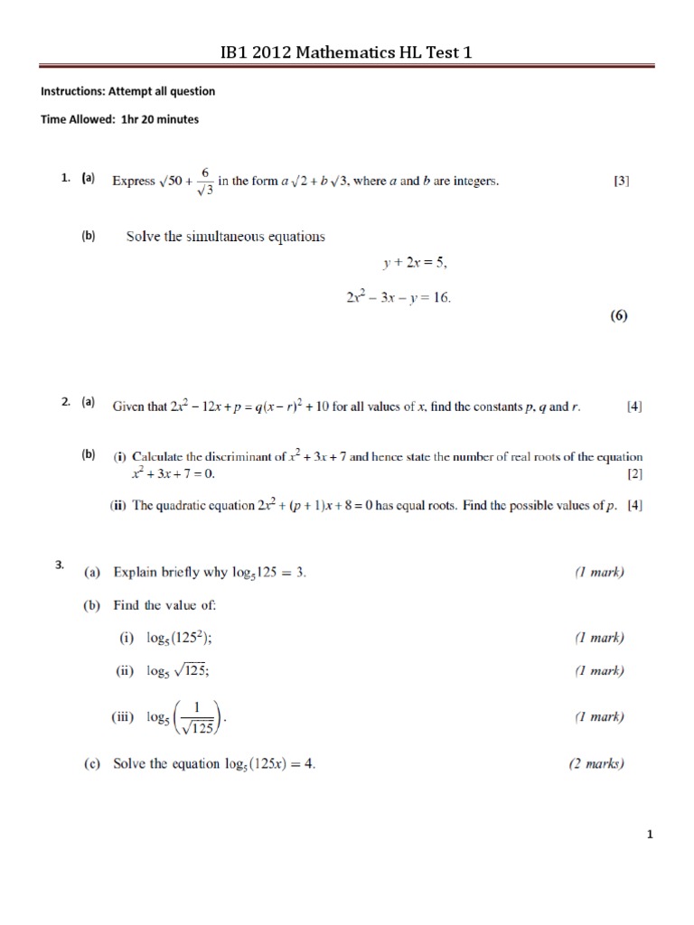 IB1 Maths HL Algebra Unit Test 1 | PDF