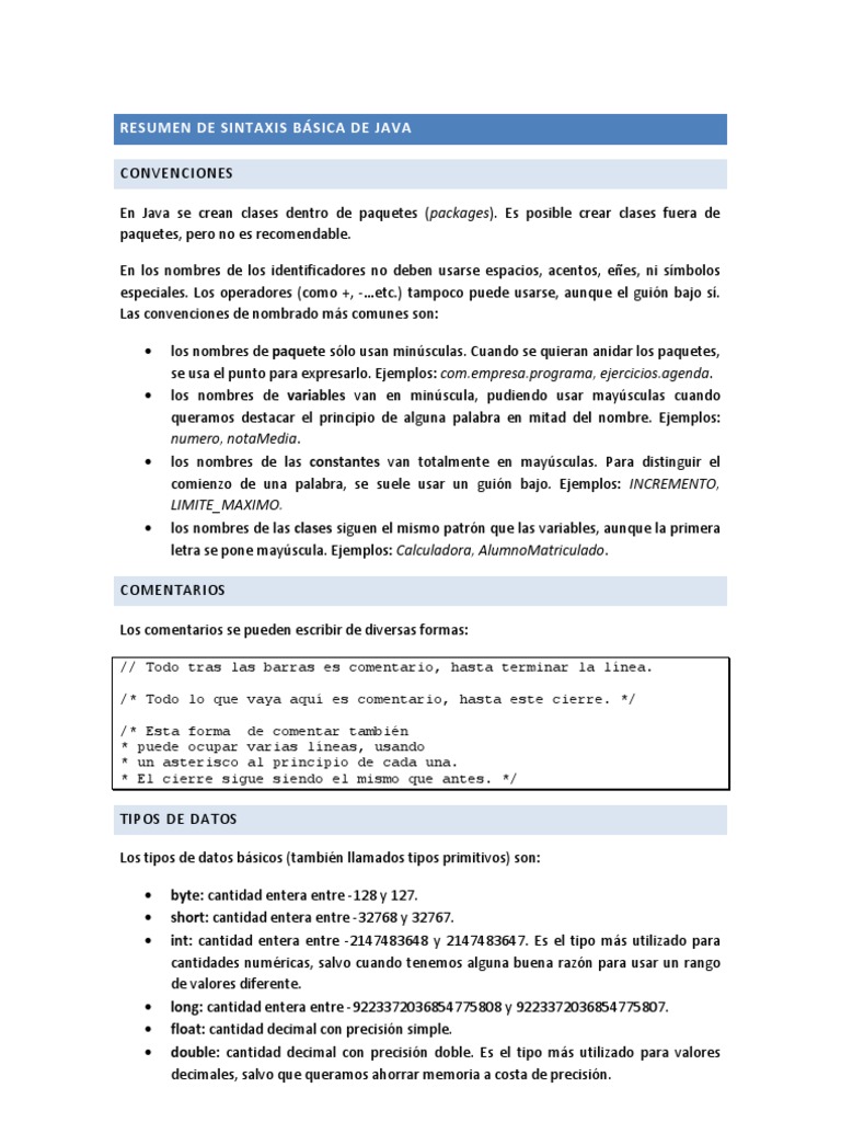 Resumen de Sintaxis Basica de Java | PDF | Java (lenguaje de programación) | Comillas