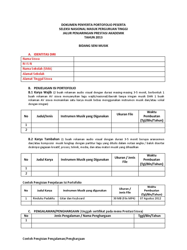 Borang Penyerta Portofolio (Seni Musik) | PDF