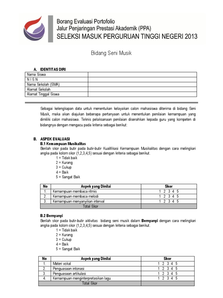 Borang Evaluasi Portofolio (Seni Musik) | PDF