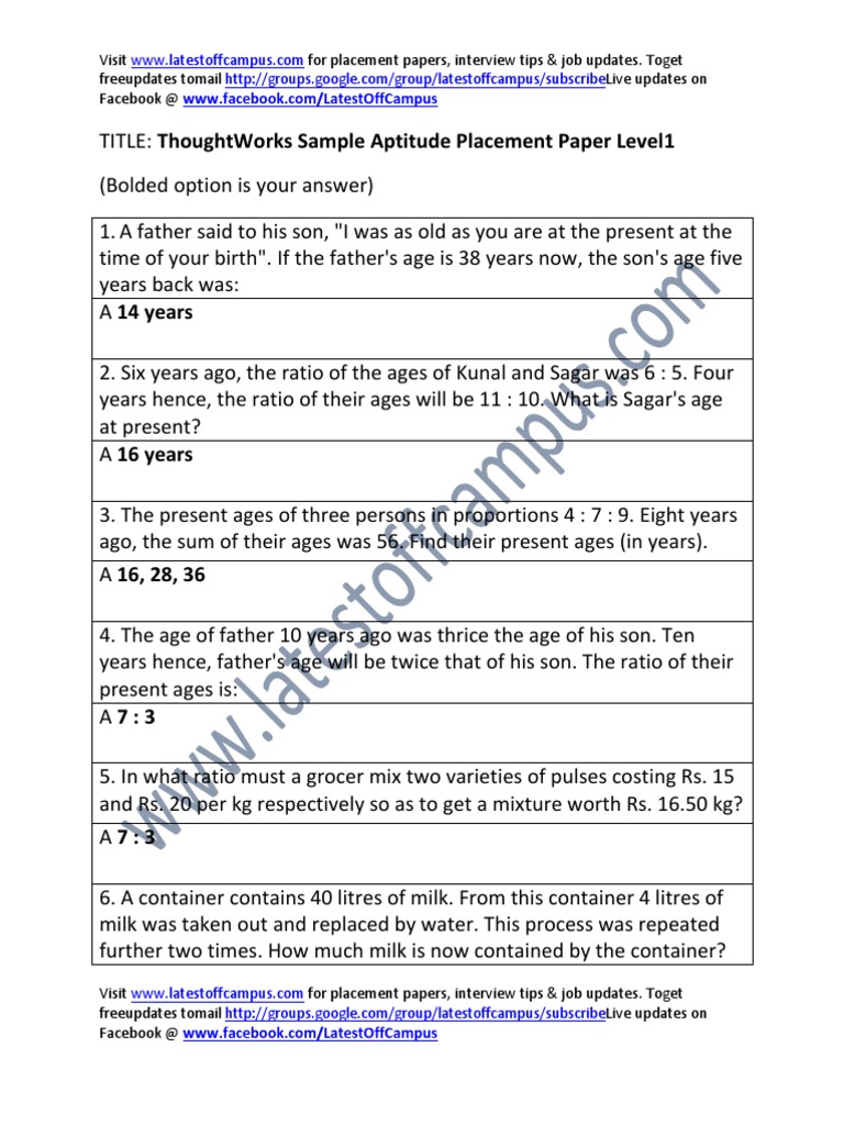 ThoughtWorks Sample Aptitude Placement Paper Level1 | PDF | Teaching Mathematics
