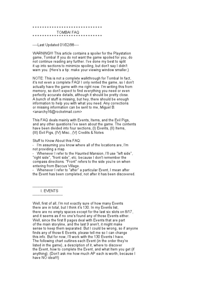 Walkthrough Tomba 1 | PDF | Dwarf (Dungeons & Dragons) | Dwarf (Middle ...