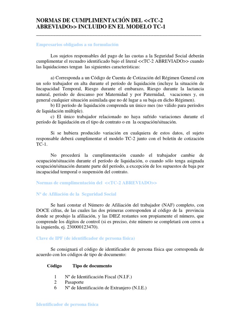 Instrucciones TC2 Abreviado y TC1 | PDF | Liquidación | Tiempo de trabajo
