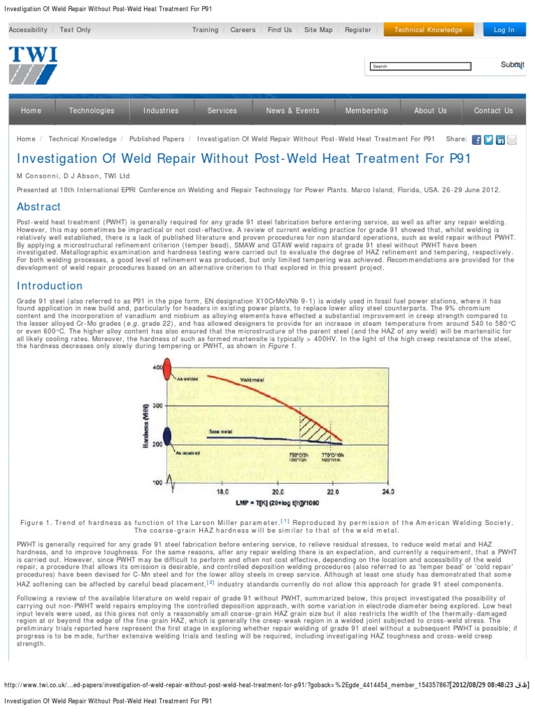 Investigation of Weld Repair Without Post-Weld Heat Treatment For P91 ...