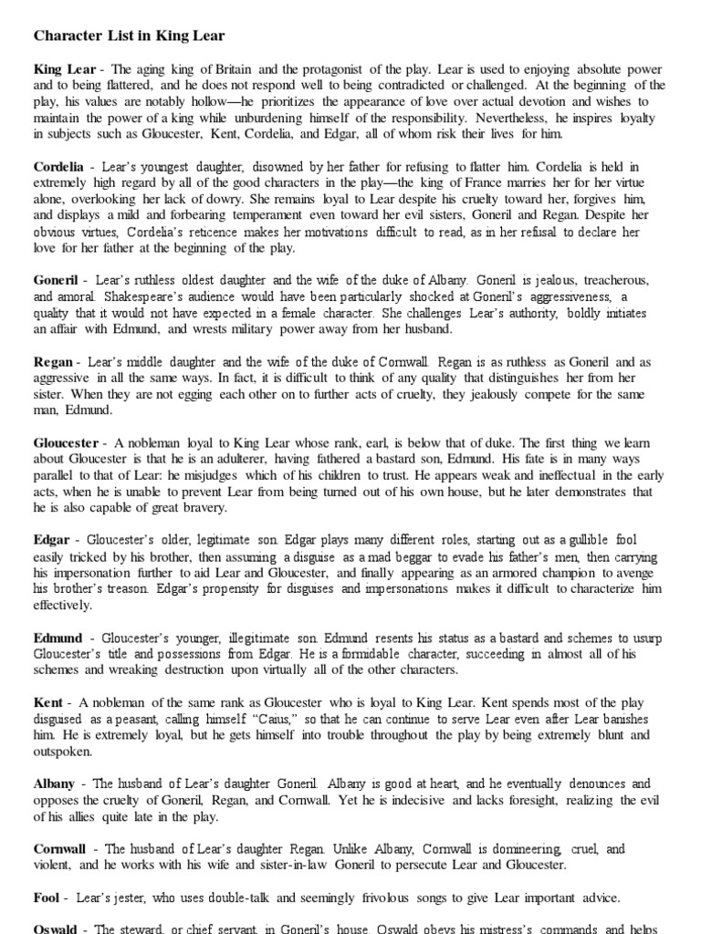 Character List in King Lear | King Lear | Fiction & Literature