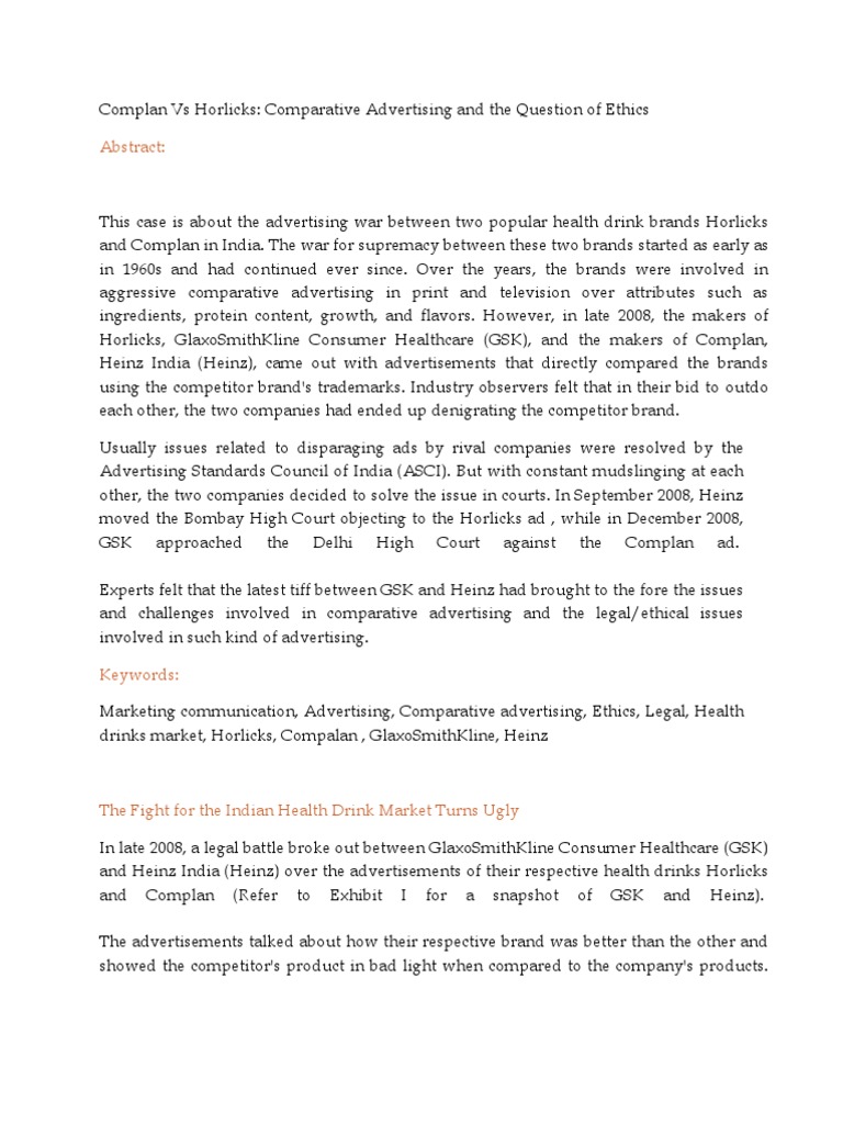 Complan Vs Horlicks | PDF | Glaxo Smith Kline | Advertising