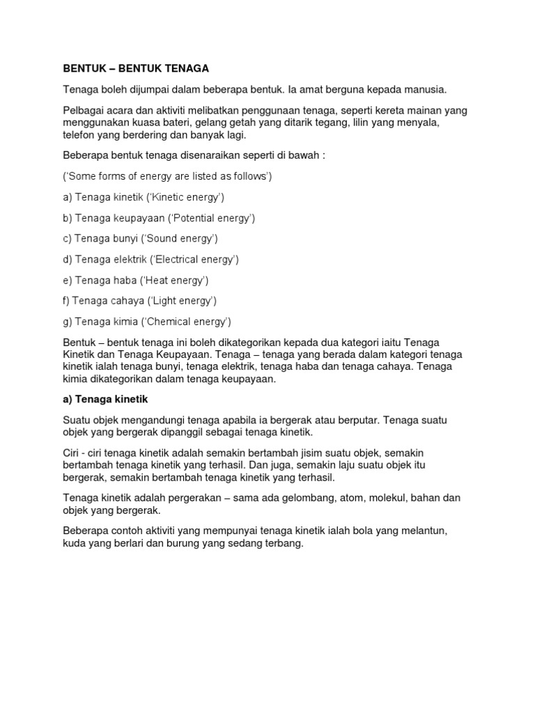 BENTUK Tenaga Dan Perubahan Bentuk Tenaga | PDF