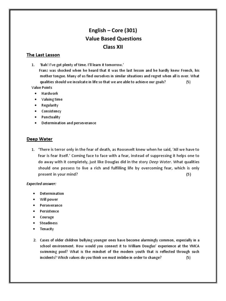 English - Core (301) Value Based Questions Class XII: The Last Lesson ...