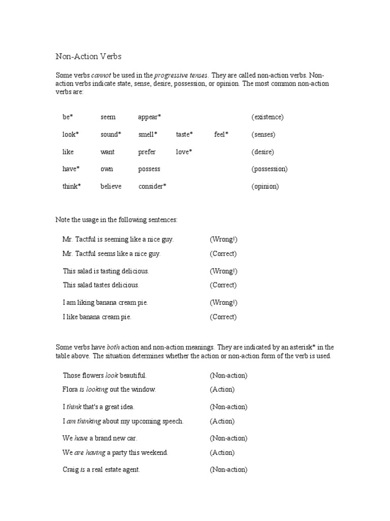 Non Action Verbs Document | Perception | Verb
