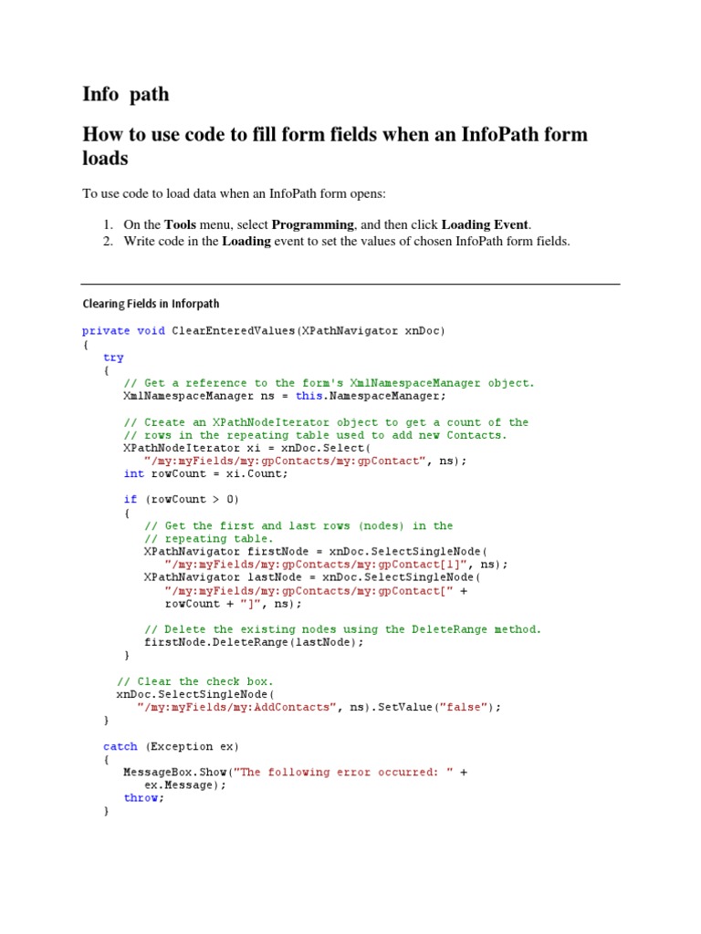 Info Path How To Use Code To Fill Form Fields When An Infopath Form Loads | PDF