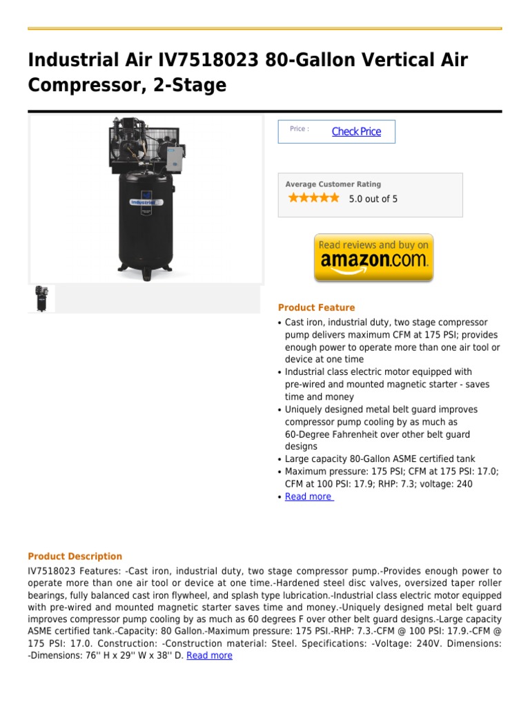Industrial Air IV7518023 80-Gallon Vertical Air Compressor, 2-Stage ...