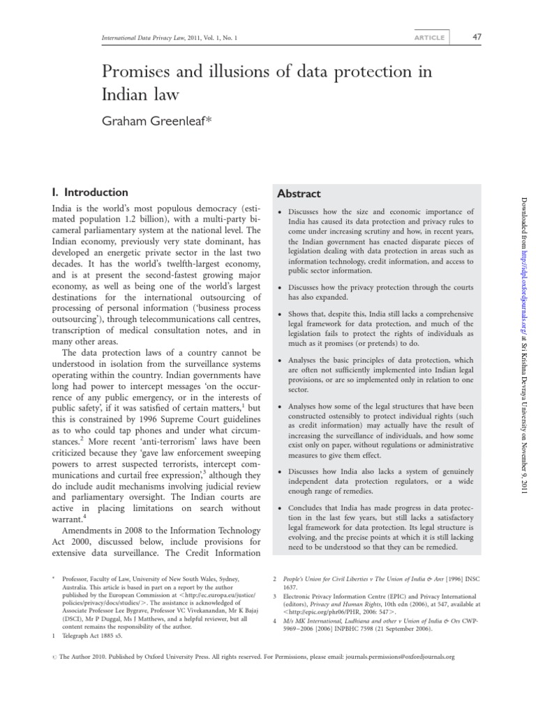 Promises and Illusions of Data Protection in Indian Law: Graham ...