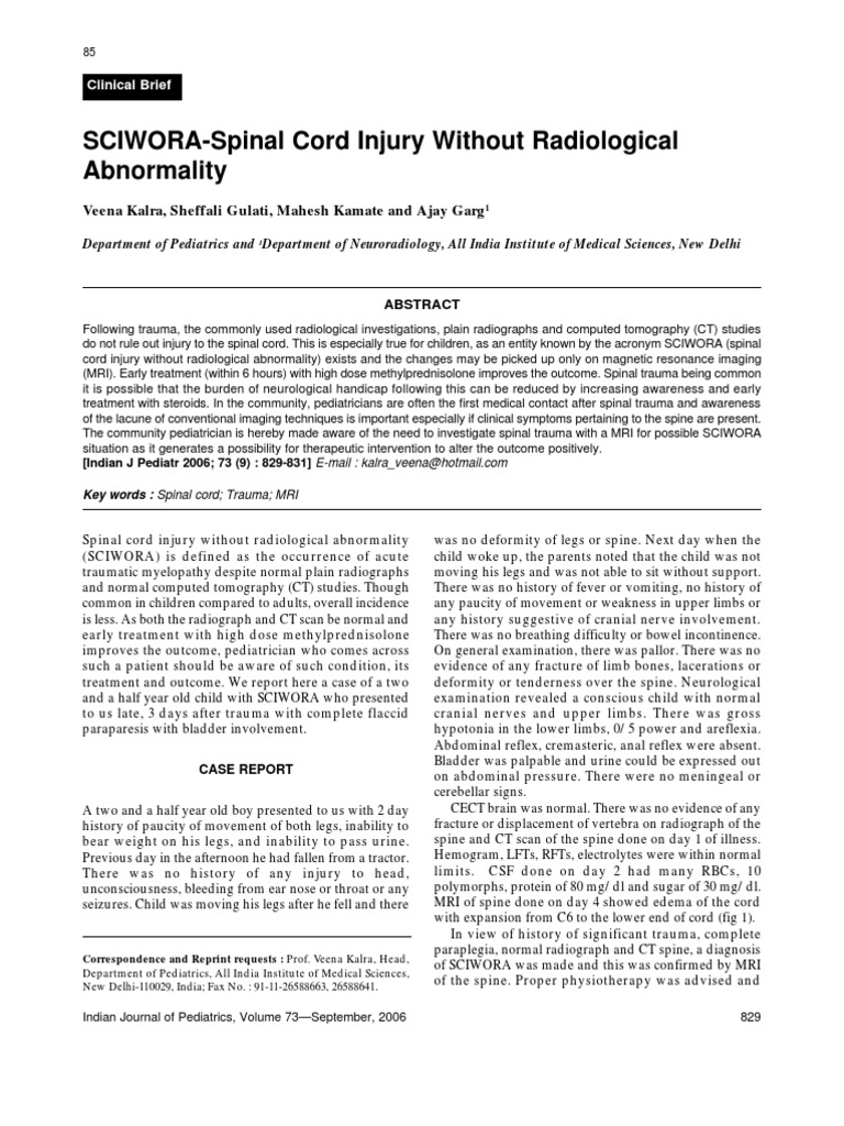 SCIWORA-Spinal Cord Injury Without Radiological Abnormality: Veena ...