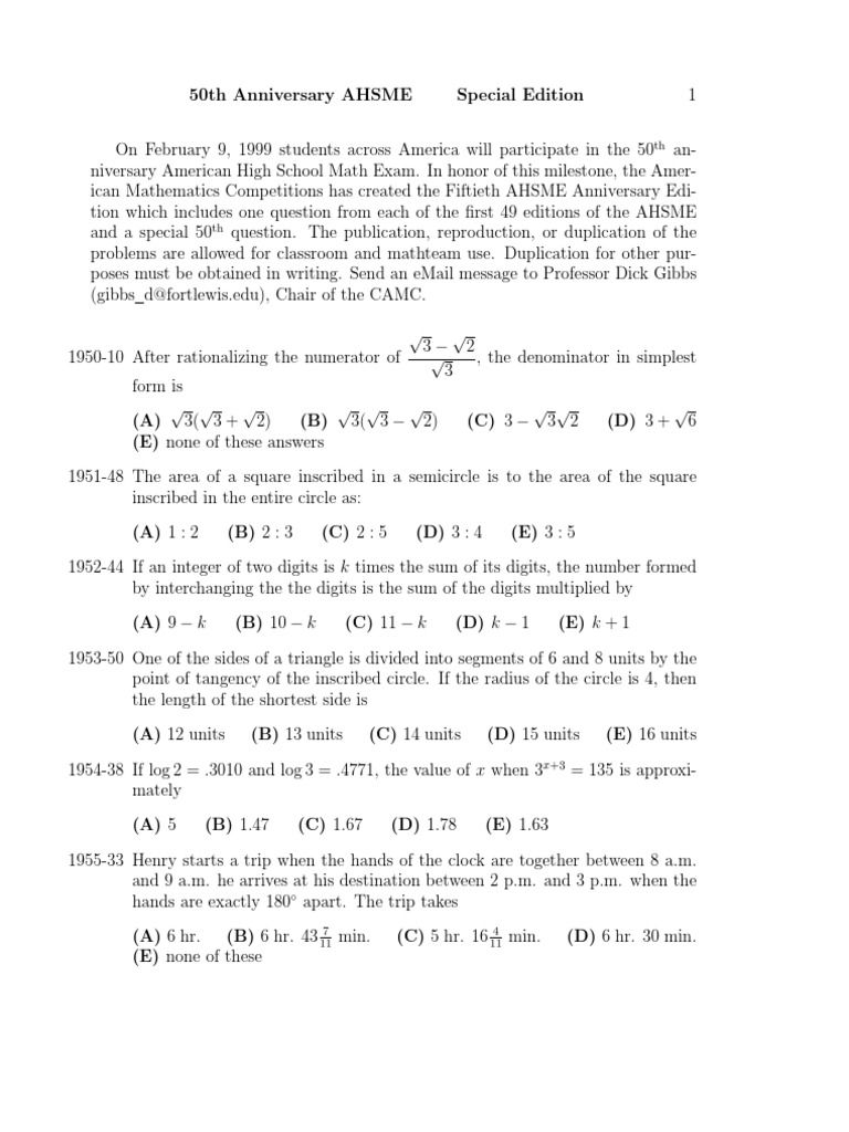 50th Anniversary AHSME | PDF | Euclidean Plane Geometry | Triangle