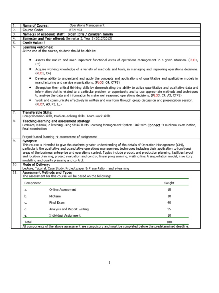 Operations Management Course Outline: Semester 2, Year 3 (2012/2013 ...