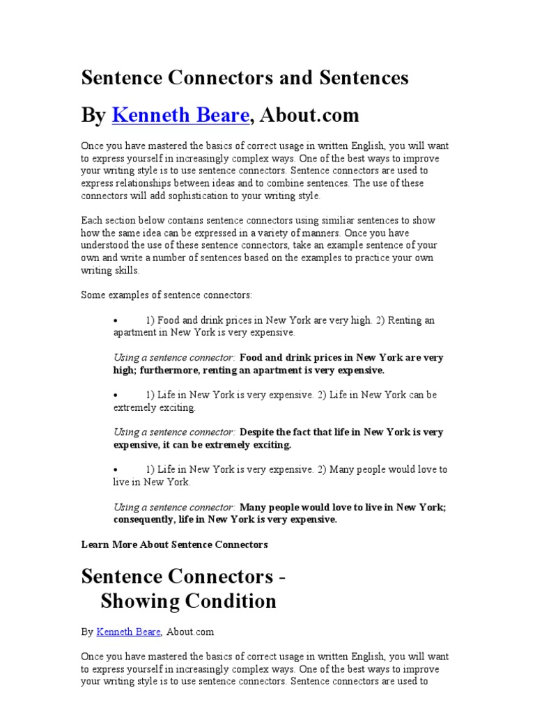Kenneth Beare: Sentence Connectors and Sentences by | PDF | Preposition ...