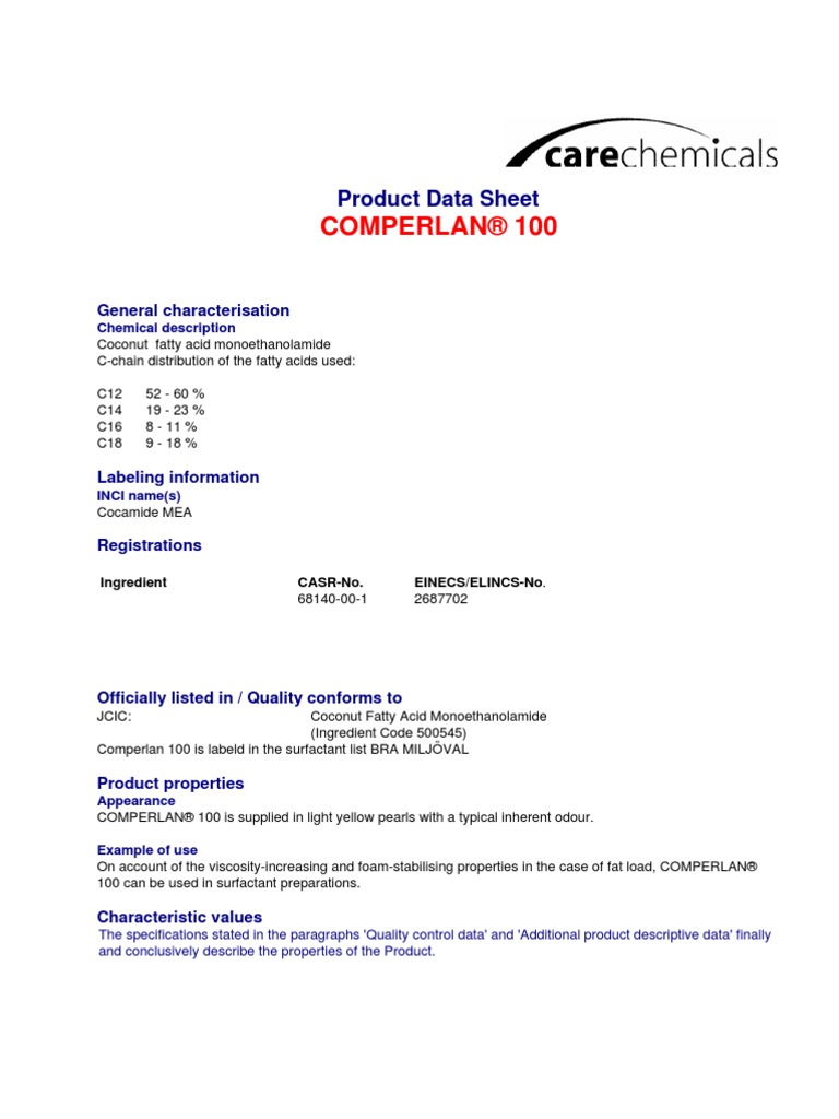 Comperlan® 100: Product Data Sheet | PDF | Data | Chemistry