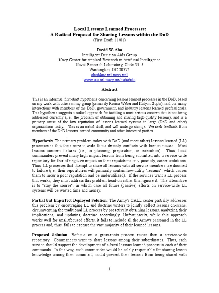 Local Lessons Learned Processes: A Radical Proposal For Sharing Lessons ...