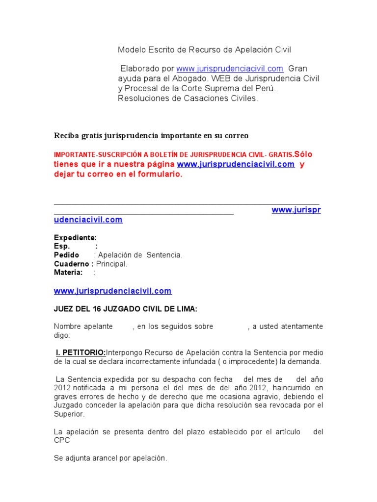 Modelo Escrito de Recurso de Apelación Civil | Caso de ley | Sentencia ...