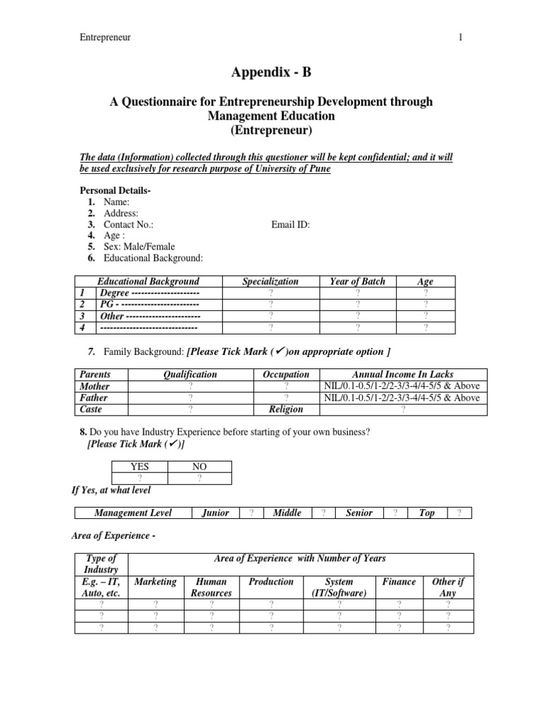 questionnaire of entrepreneurship development 1 | Entrepreneurship ...