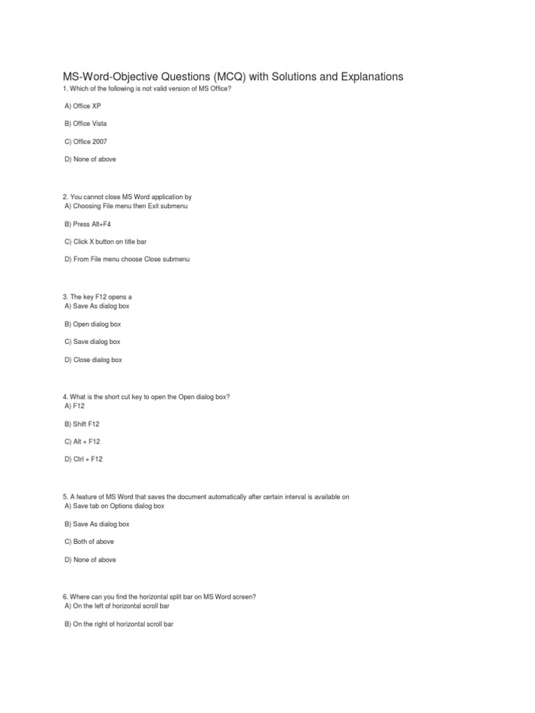 MS-Word-Objective Questions (MCQ) With Solutions and Explanations ...
