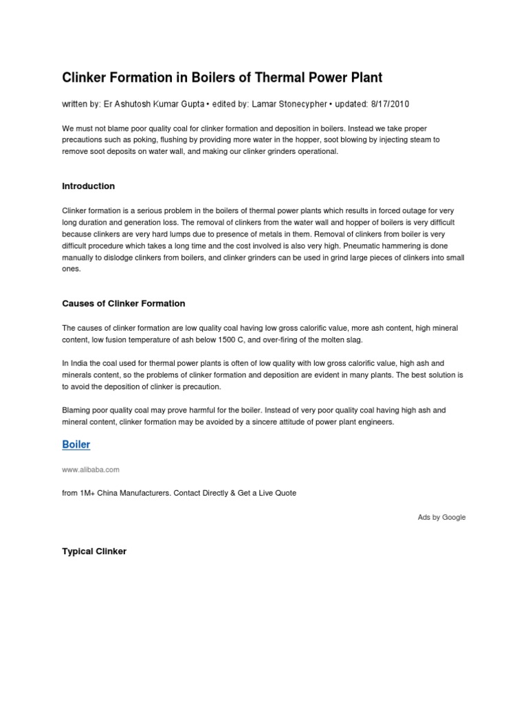 Clinker Formation in Boilers of Thermal Power Plant | PDF | Boiler | Coal