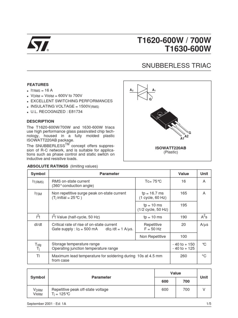 T1620-700W datasheet | Electrical Equipment | Physical Quantities