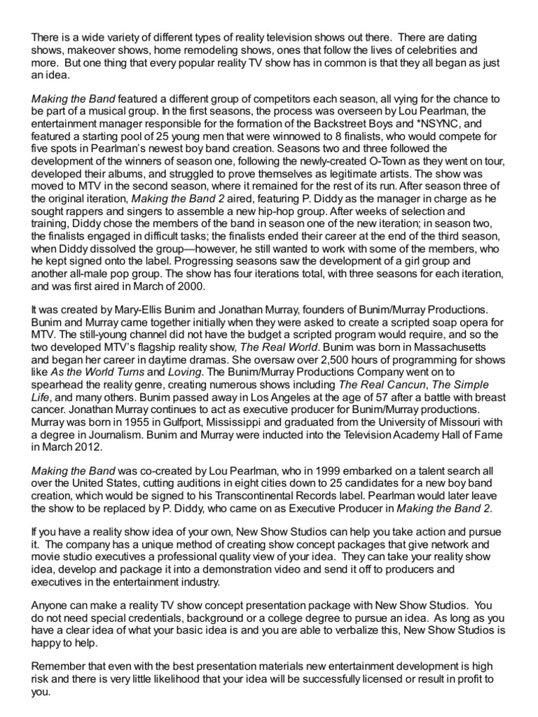 Successful Reality Show Ideas-Making The Band | PDF | Entertainment ...