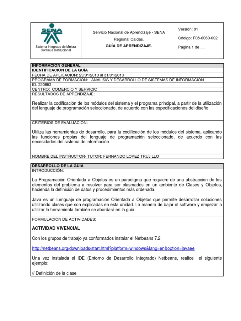 f08-6060-002 Guia de Aprendizaje - 01 - Java | PDF | Lenguaje de ...