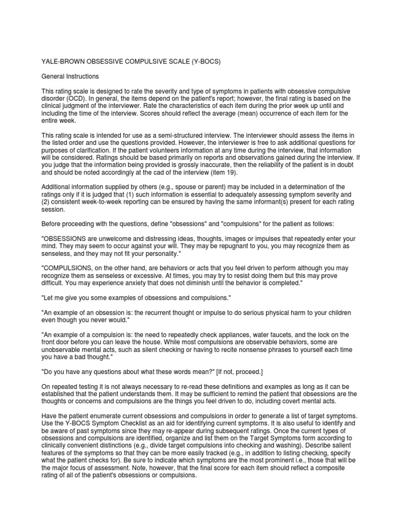 YALE-BROWN OBSESSIVE COMPULSIVE SCALE (Y-BOCS) Checklist | PDF ...