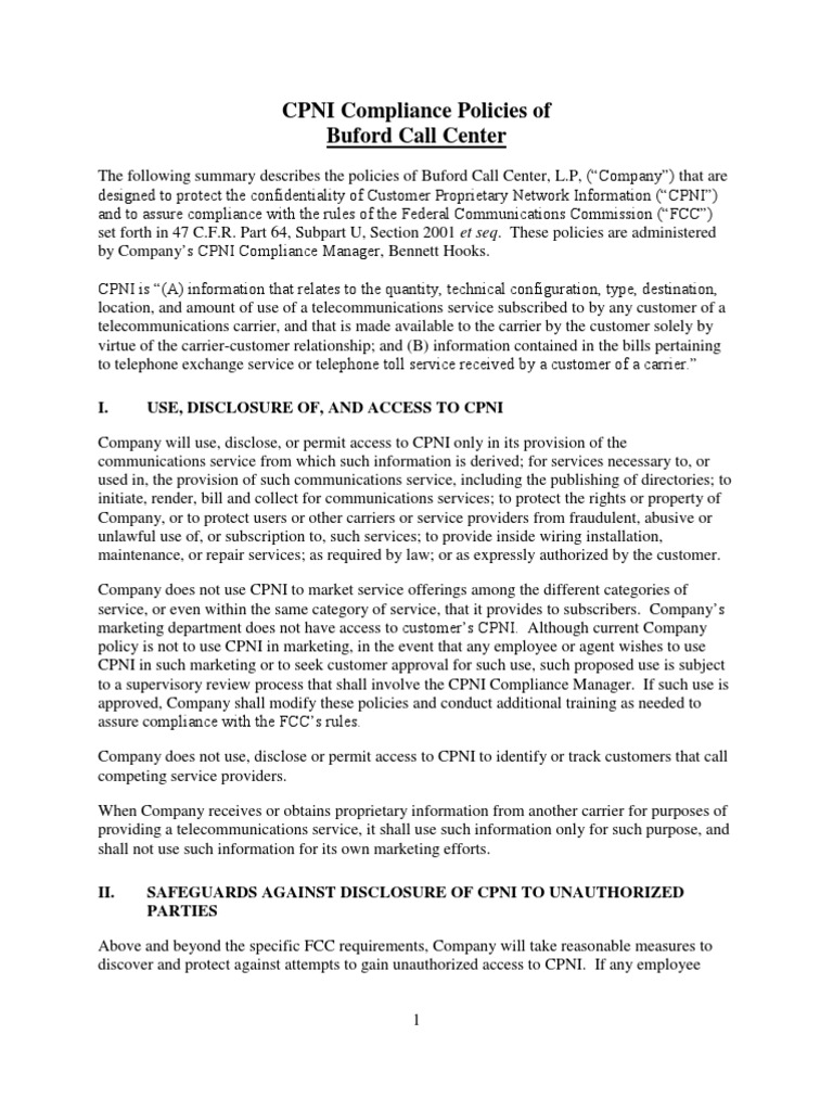Call Center CPNI Policy | PDF | Federal Communications Commission ...