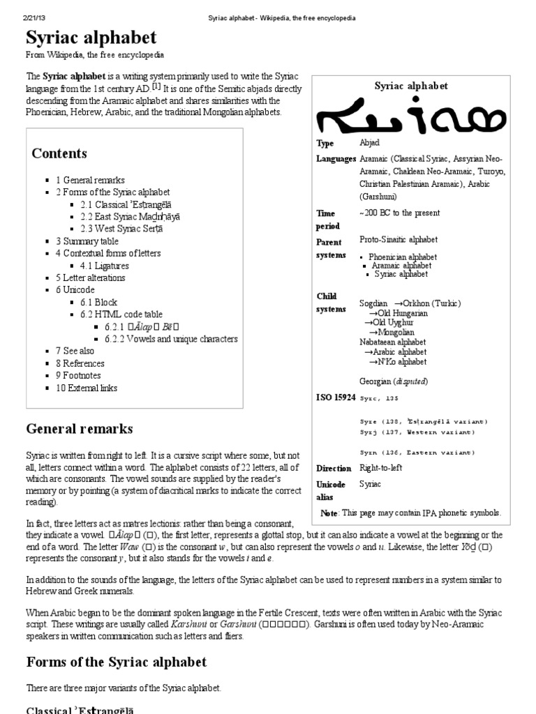 Syriac Alphabet - Wikipedia | PDF | Encodings | Orthography