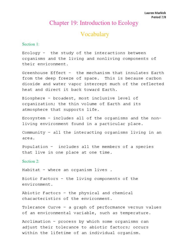 Chapter 19: Introduction To Ecology: Vocabulary | PDF | Parasitism ...