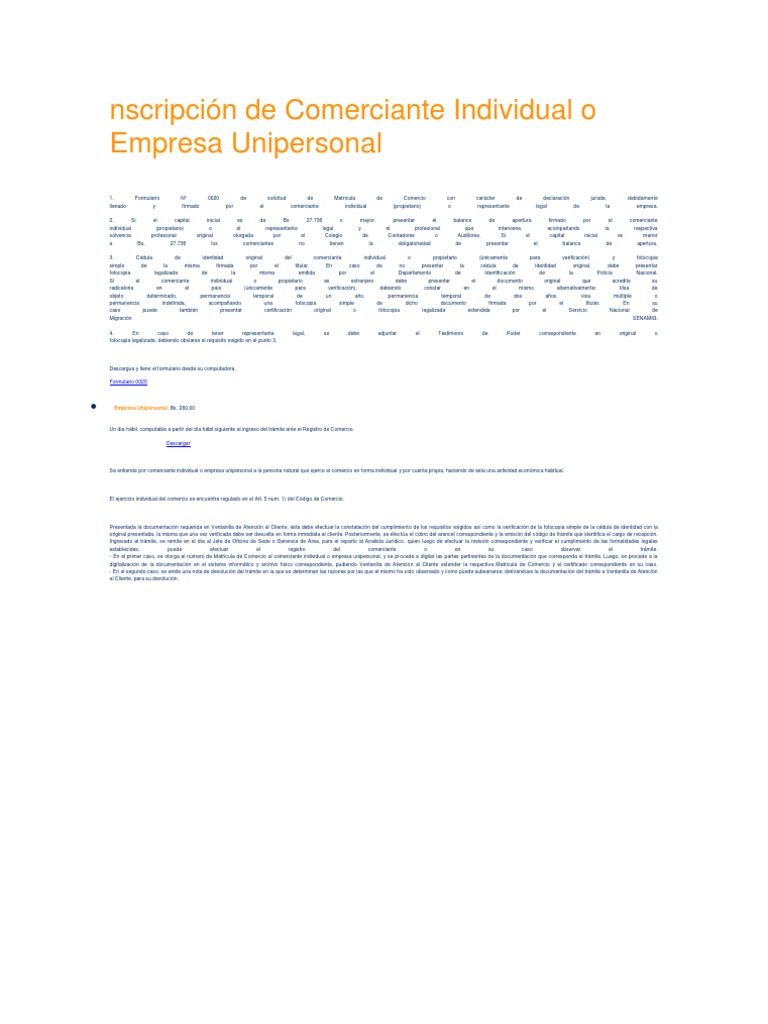 Inscripción de Comerciante Individual o Empresa Unipersonal | PDF | Gobierno | Business