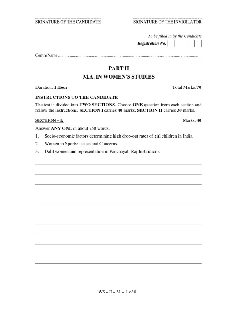 TISS Sample Paper - MA in Women's Studies Part 2 Set 1 | PDF | Master ...