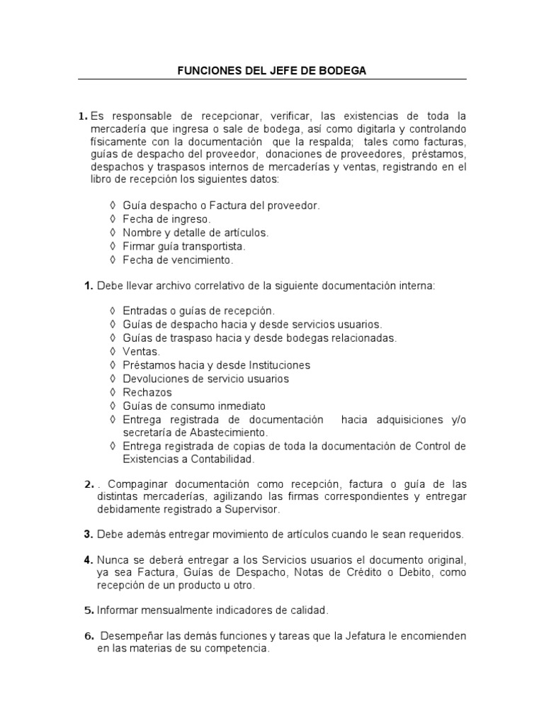 Funciones Del Jefe de Bodega | Almacén | Factura