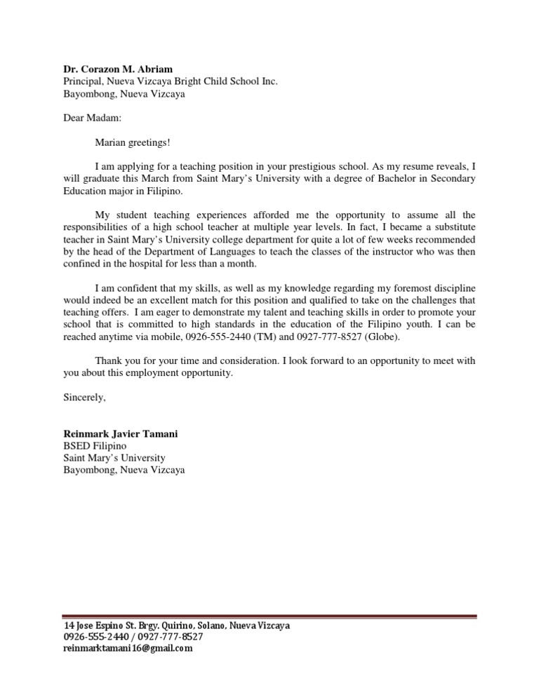 Teacher Application Letter PDF | Download Free PDF | Educational Stages ...