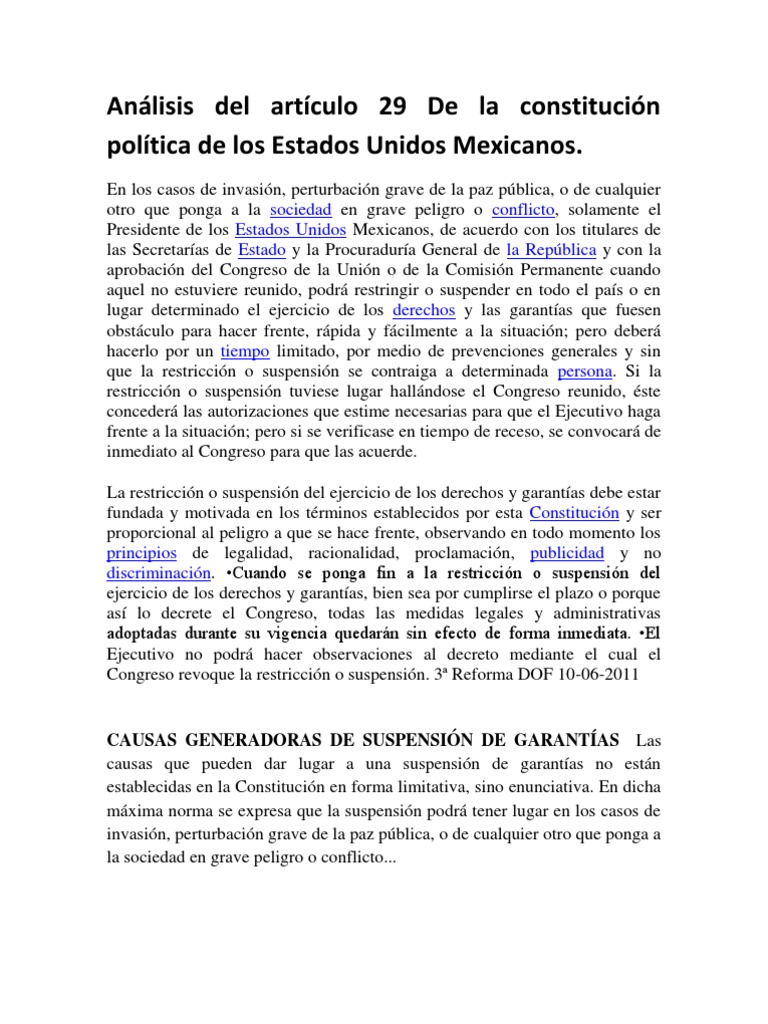 Análisis del artículo 29 De la constitución política de los Estados ...