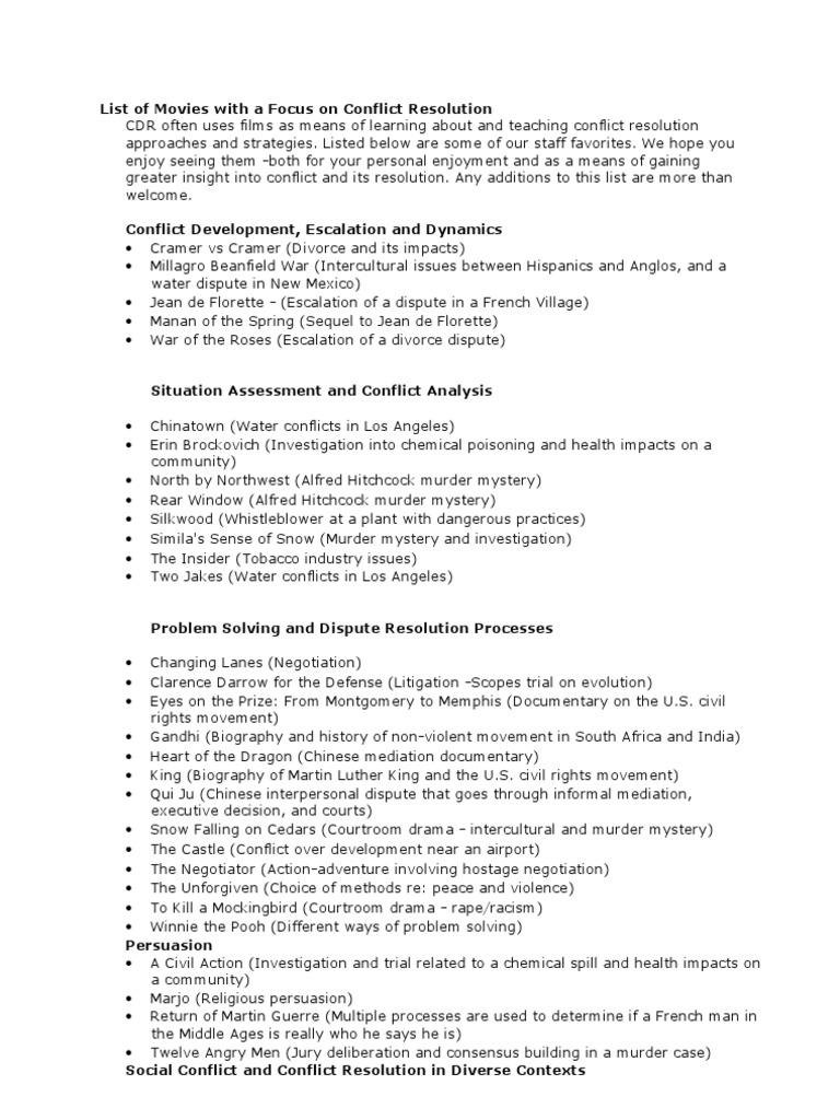 List of Movies With A Focus On Conflict Resolution | PDF | Conflict ...