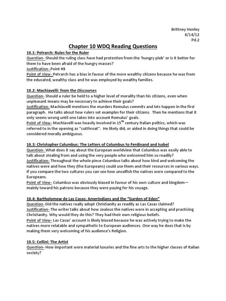 Chapter 10 Reading Questions | PDF | Wife | Niccolò Machiavelli