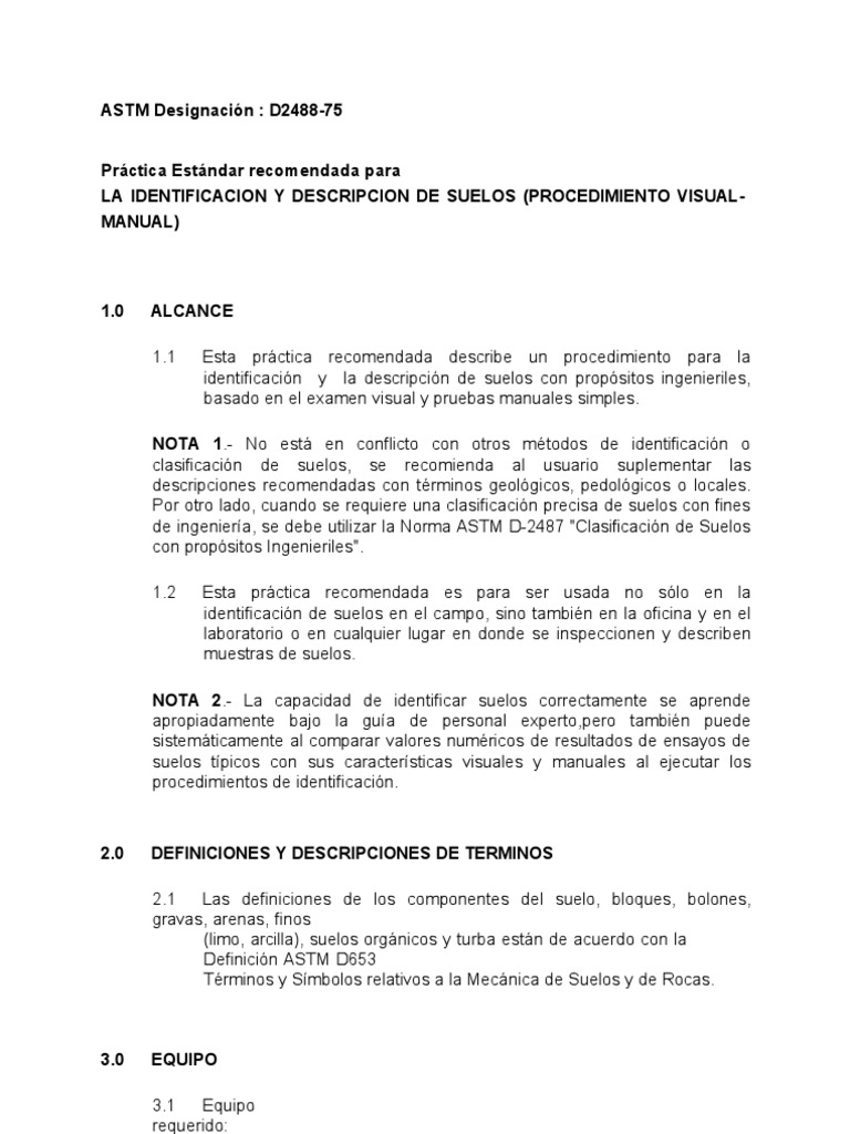 ASTM Designación D2488-75 | PDF | Suelo | Importar