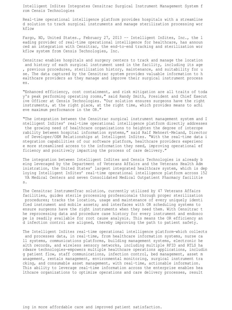 Intelligent InSites Integrates Censitrac Surgical Instrument Management ...