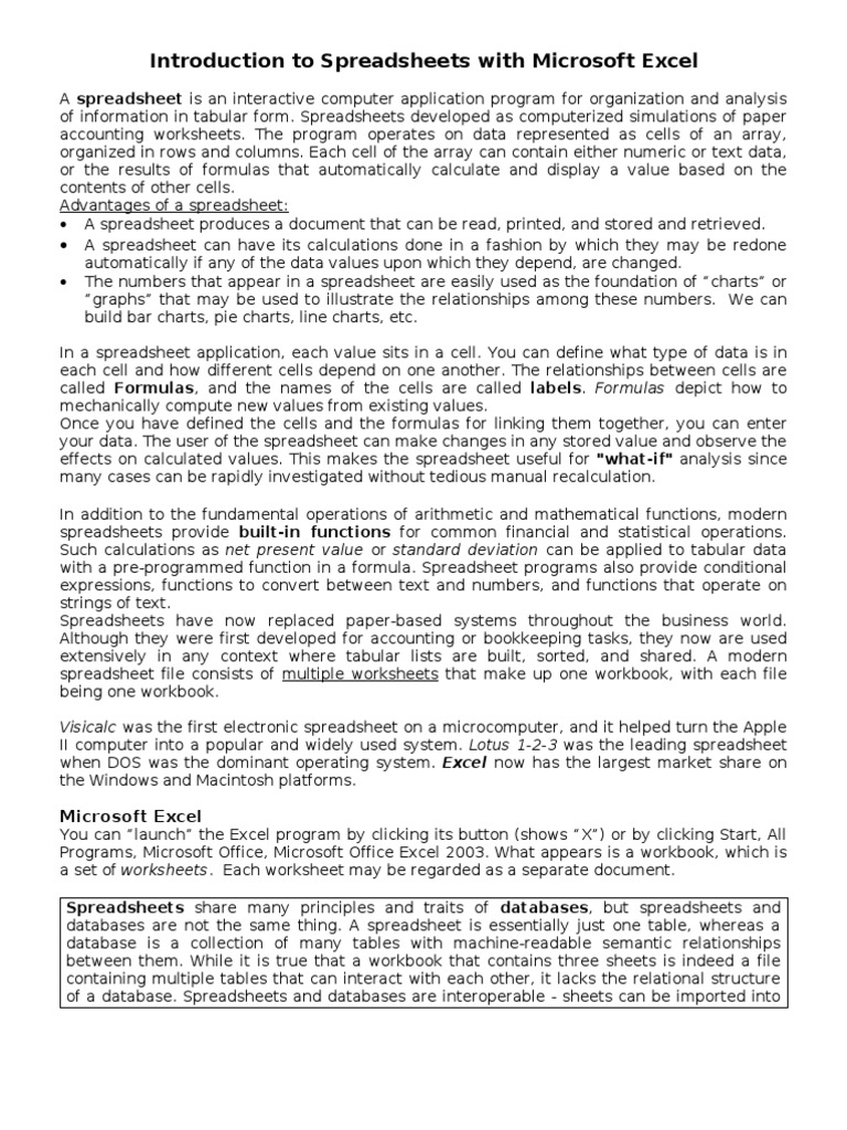 Introduction To Spreadsheets With Microsoft Excel | PDF | Spreadsheet | Microsoft Excel